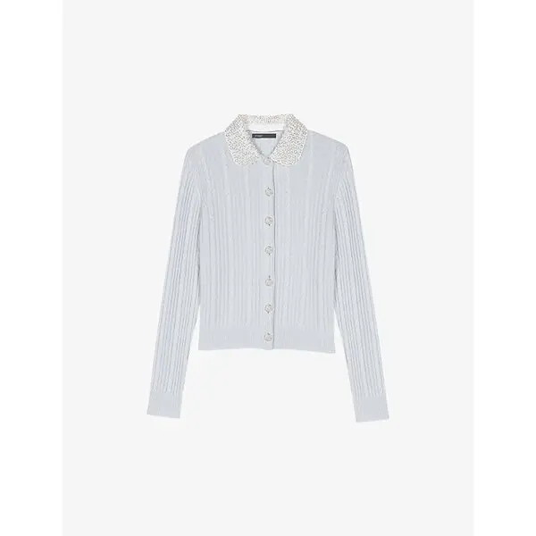 Maje Wool And Cashmere Cardigan With Embellished Collar - Bleus