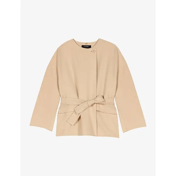 Maje Belted-waist Wool-blend Coat With Removable Scarf