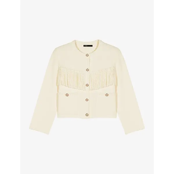 Maje Tassel-embellished Long-sleeve Cotton-blend Cardigan - Blanc