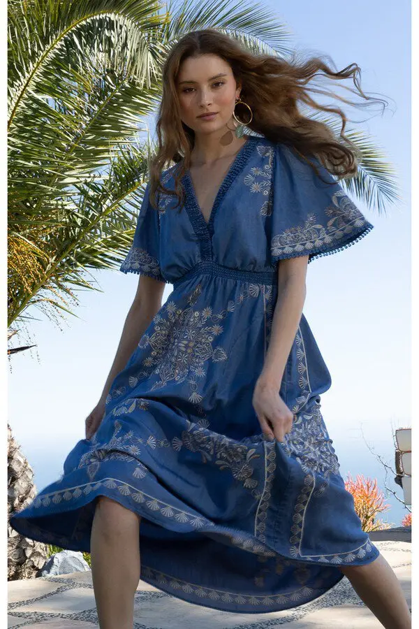 Hale Bob Katalina Embroidered Chambray Dress - Blue