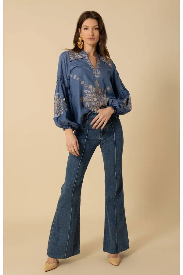 Hale Bob Elliott Embroidered Chambray Blouse - Blue