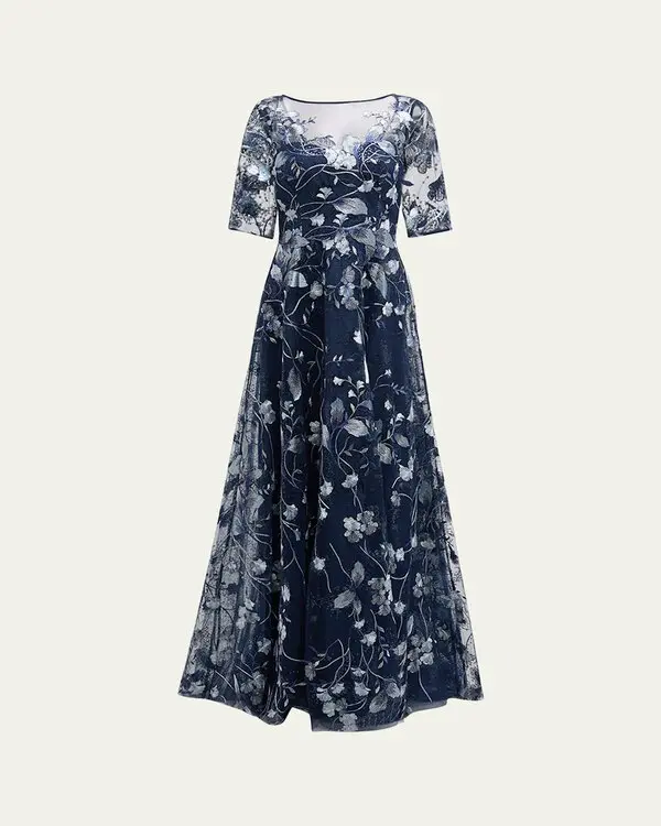 Rickie Freeman For Teri Jon Metallic Embroidered Tulle Gown