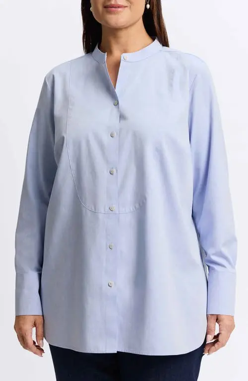 Foxcroft Kris Cotton Band Collar Shirt - Blue Wave