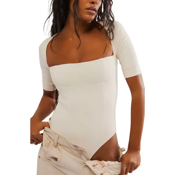 Free People Everly Square Neck Bodysuit - Tofu