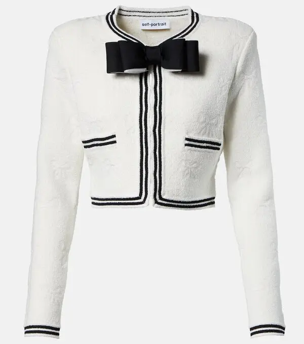 SELF-PORTRAIT Bow-detailed Jacquard Cardigan - White