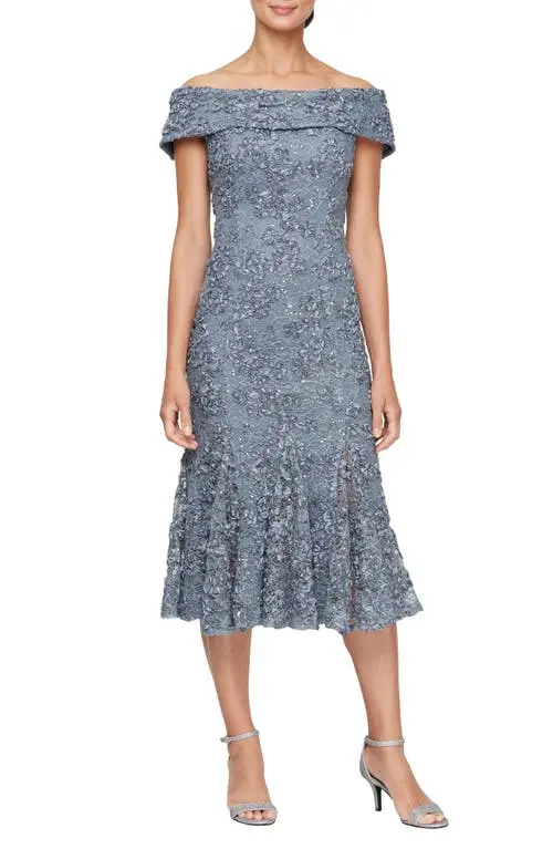 Alex Evenings Off-the-shoulder Midi Cocktail Dress