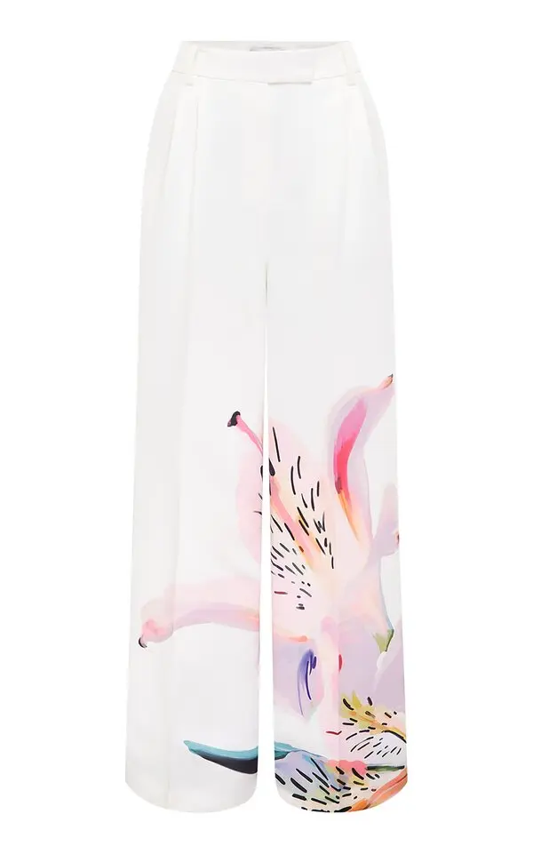 LEO LIN Printed Wide Leg Crepe Pants - White
