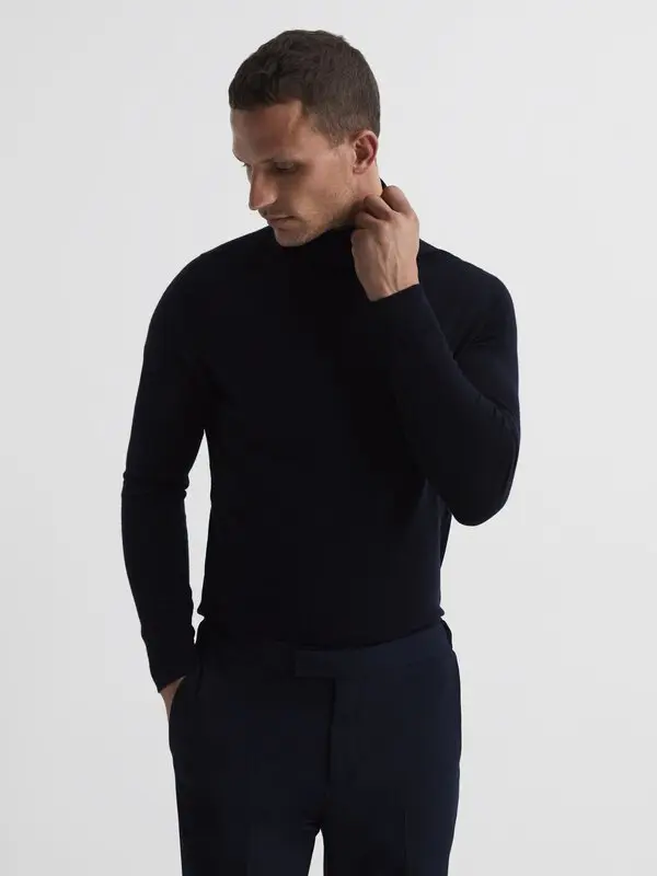 REISS Caine Slim Fit Merino Wool Roll Neck Jumper - Navy
