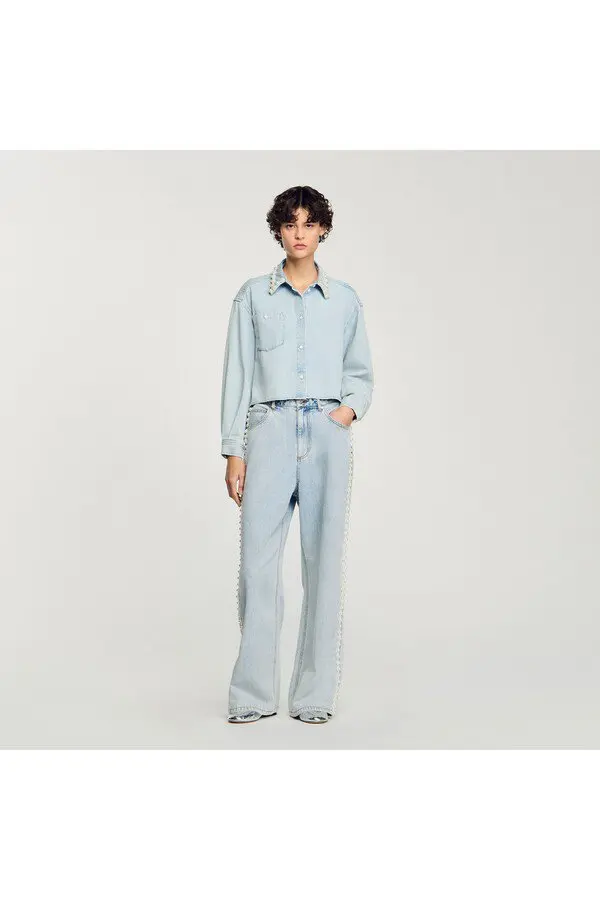 Sandro Denim Shirt With Beaded Collar - Stripe / Grey
