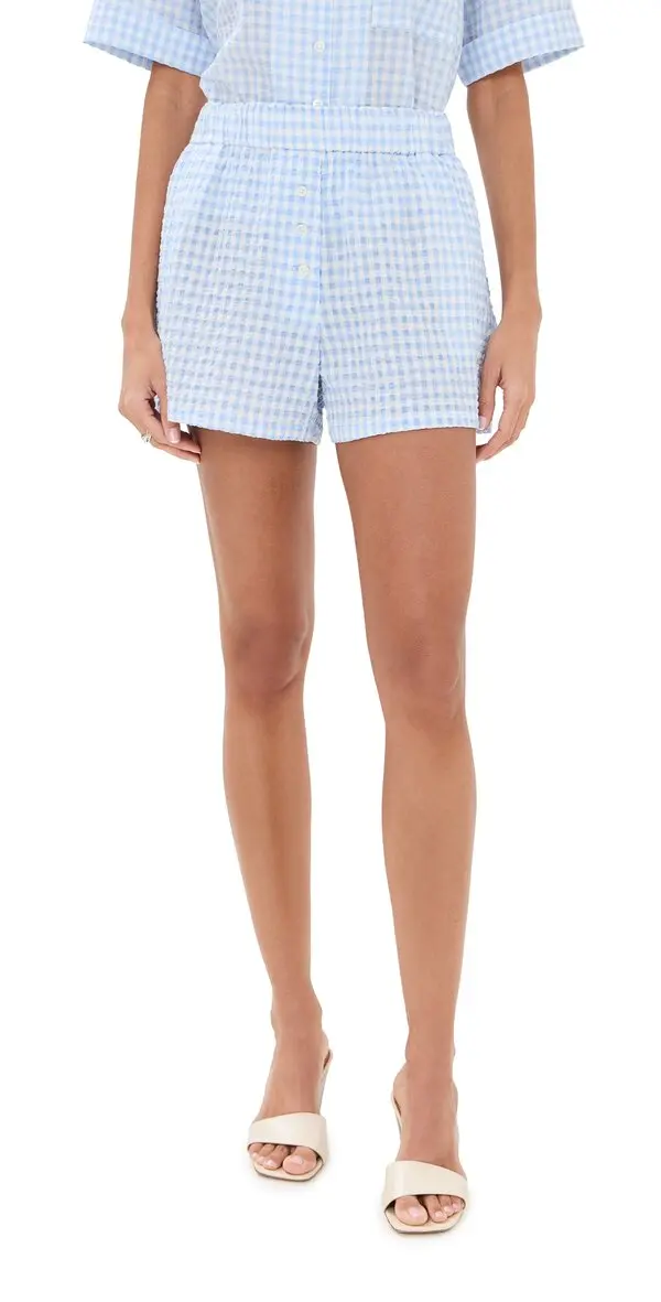 Staud Gabi Gingham Shorts - Sky Gingham