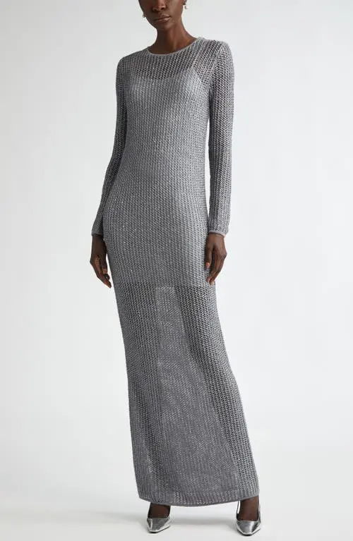 St. John Sequin Mesh Knit Gown - Silver