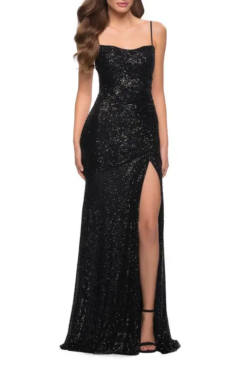LABOMME Sequin Gown With Lace-up Back - Black