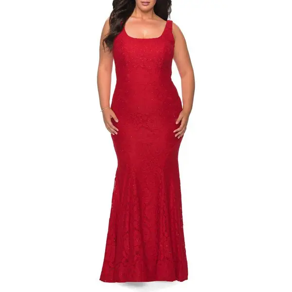 LABOMME Stretch Lace Gown With Beading - Red