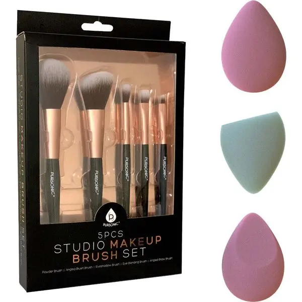 PURSONIC 5 Piece Studio Makeup Brush Set & 3 Pack Beauty Makeup Sponge Blenders Flawless Application Essentials