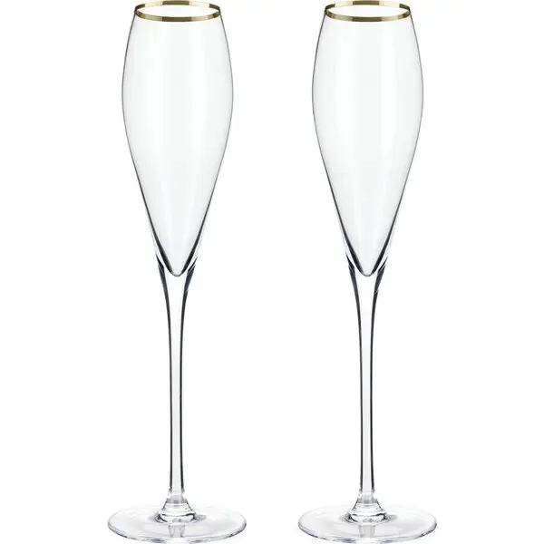 VISKI Gold Rimmed Crystal Champagne Flutes Set Of 2