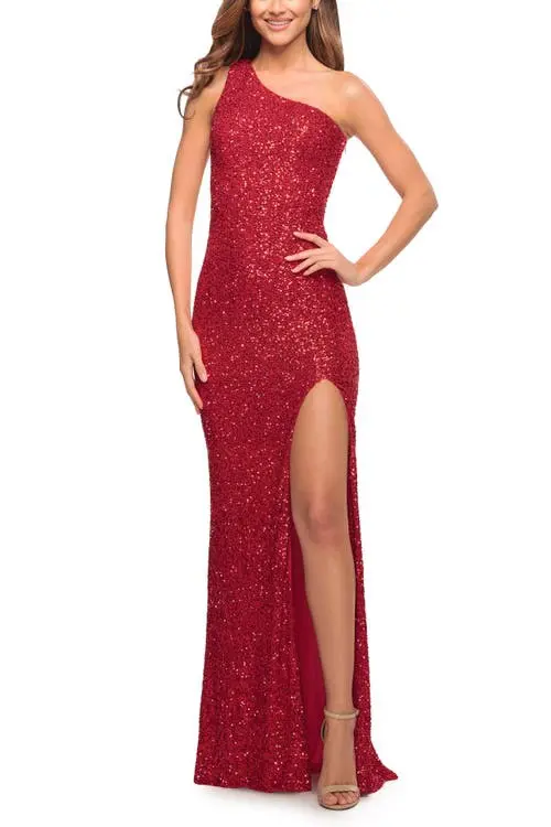 LABOMME One Shoulder Sequined Gown With Slit - Red