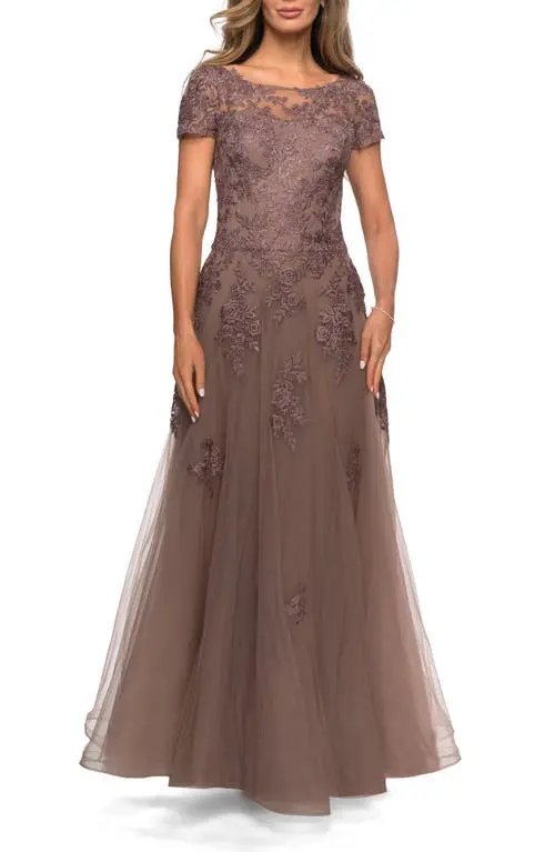 LABOMME A-line Gown With Floral Lace Appliques