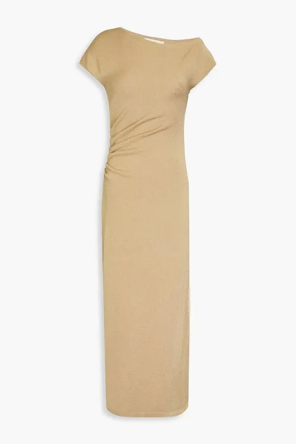 Alberta Ferretti Ruched Metallic Knitted Midi Dress