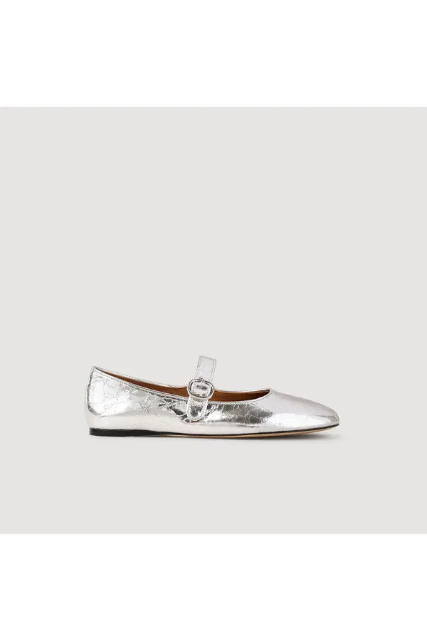 Sandro Shiny Leather Ballerina Flats - Silver