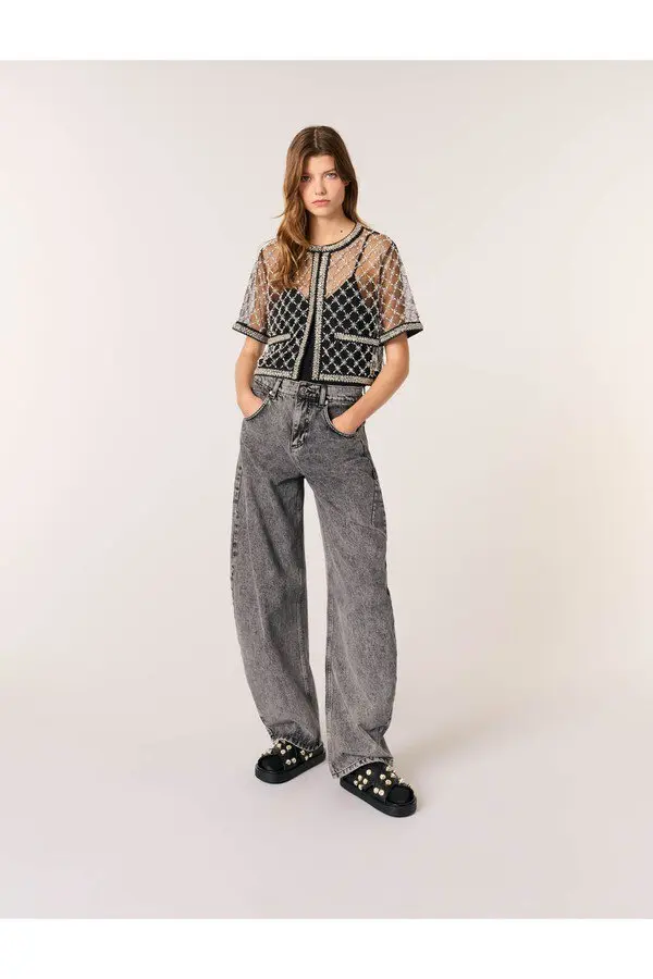 Maje Embroidered Tulle Crop Top