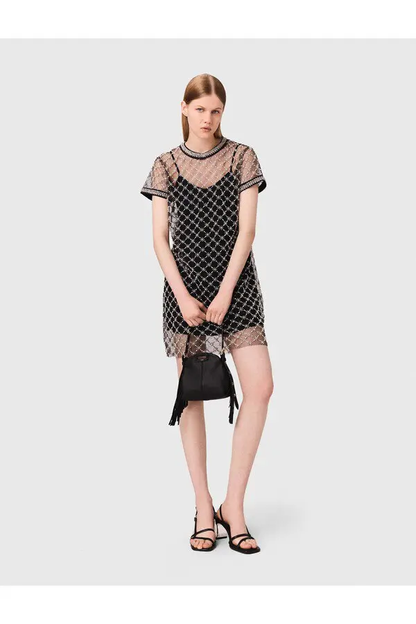 Maje Embroidered Tulle Mini Dress - Black
