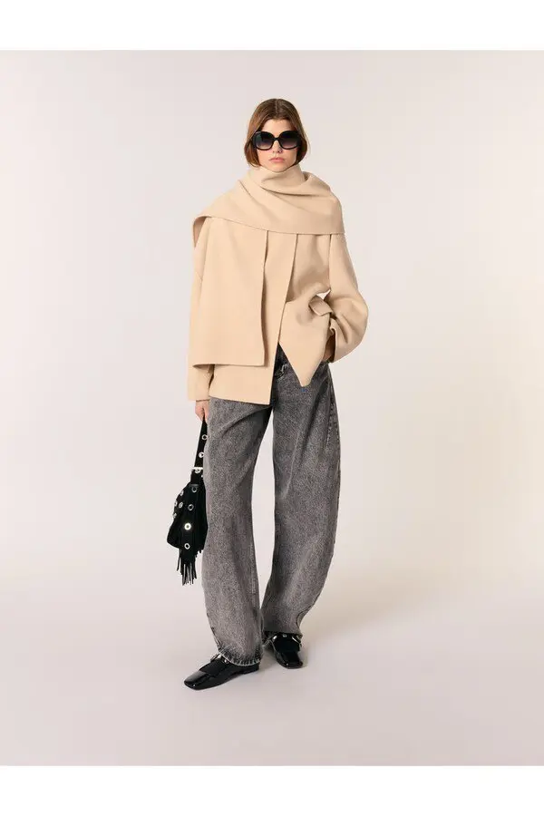 Maje Double-faced Short Coat With Removable Scarf - Brown / Neutral