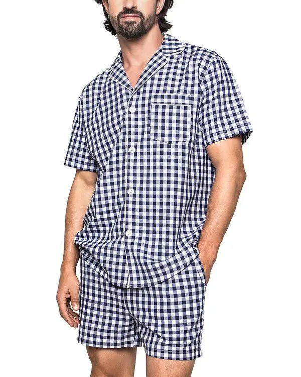 PETITE PLUME Brushed Cotton Twill Gingham Check Short Pajama Set - Navy Gingham
