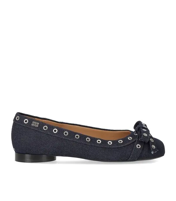 GANNI Denim Ballerina Flats With Bow Detailing - Blue