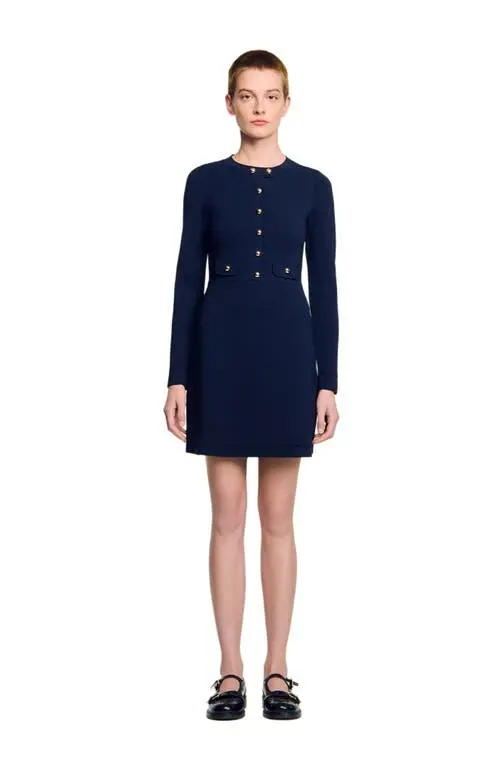 Sandro Mini Knit Dress With Button Placket - Navy Blue