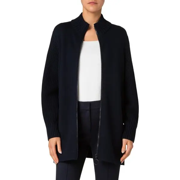 Akris Stretch Merino Wool Bomber Cardigan - Navy