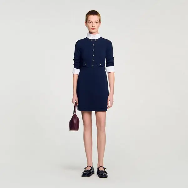 Sandro Mini Knit Button-up Dress - Navy Blue