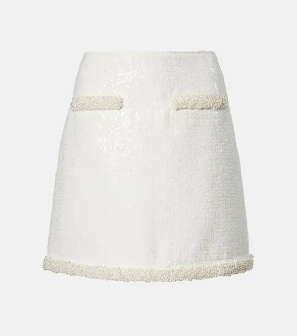 SELF-PORTRAIT Faux Pearl-trimmed Bouclé Miniskirt - White