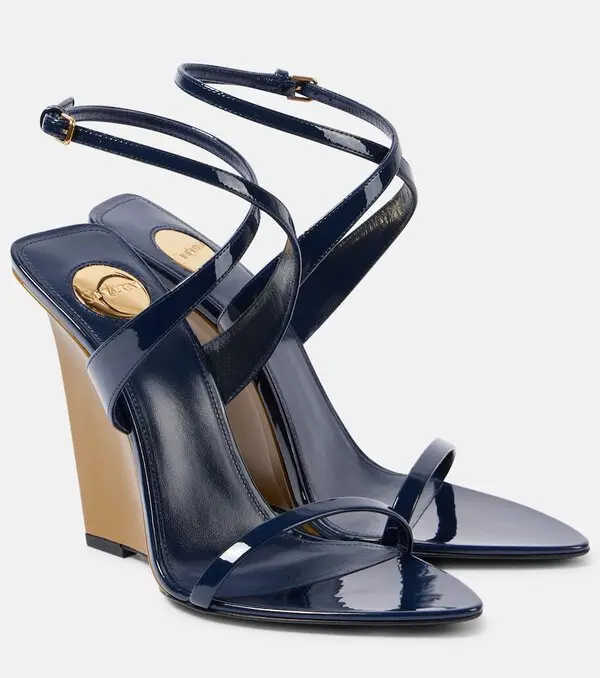 Saint Laurent Salomé 110 Patent Leather Wedge Sandals - Blue