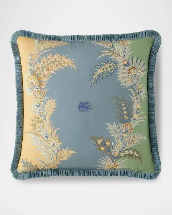 Etro Caladium Embroidered Pillow With Fringe, 18" Square - Multicolour On Pale