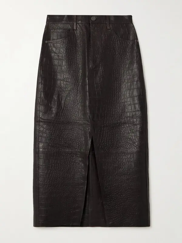 FRAME The Midaxi Croc-effect Leather Midi Skirt - Brown