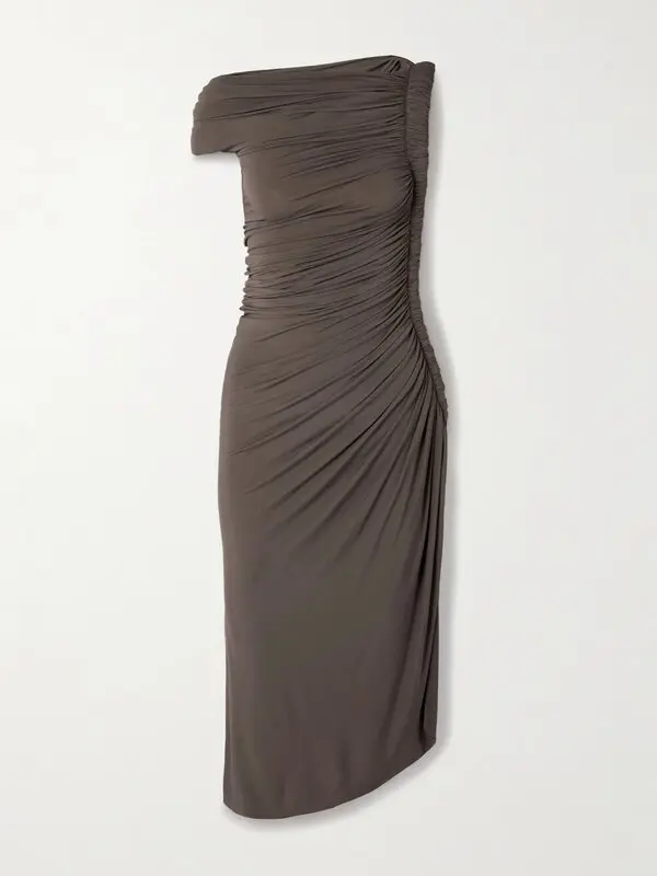 Alaïa One-shoulder Draped Stretch-jersey Midi Dress - Brown