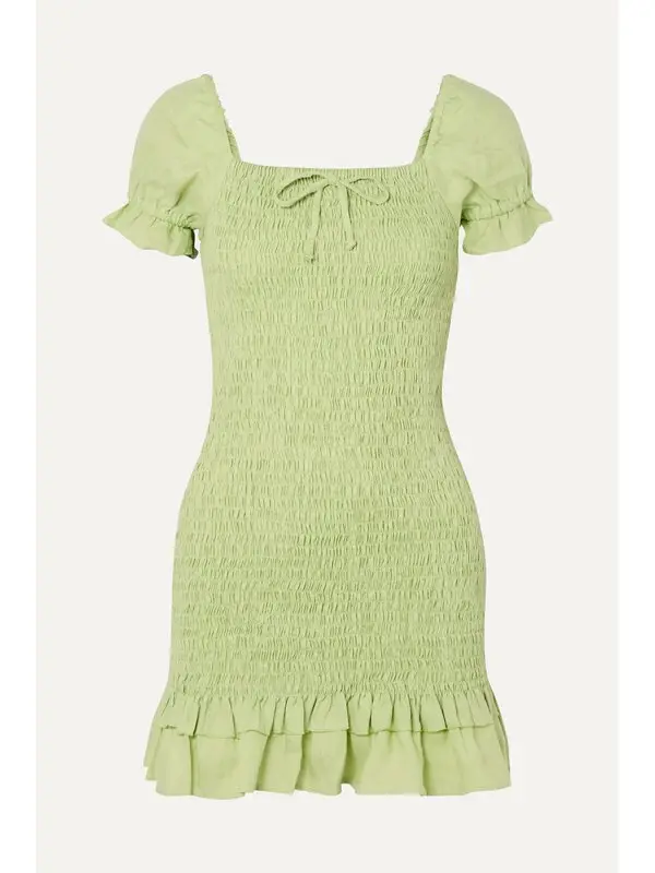 Faithfull The Brand Cette Shirred Linen Mini Dress In Green - 50% Off |  Editorialist