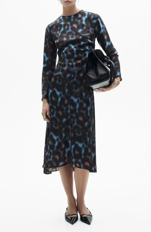 Mango Draped Long Sleeve Satin Midi Dress