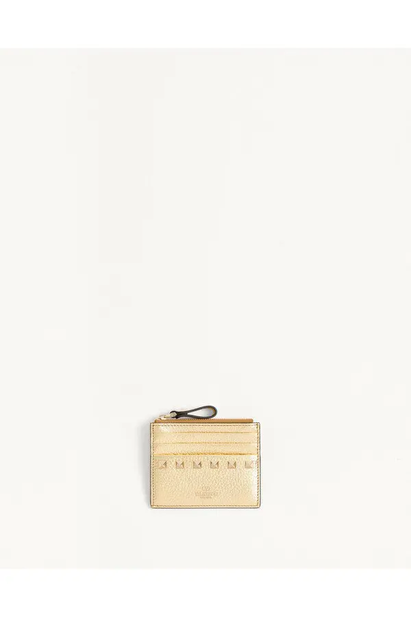 Valentino Garavani Rockstud Laminated Grainy Calfskin Card Holder With Zipper - Natural