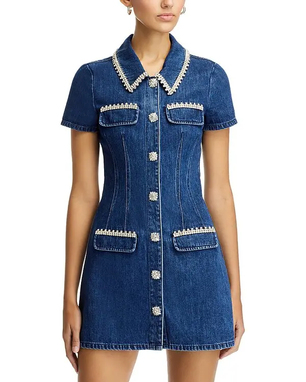 SELF-PORTRAIT Denim Mini Dress With Rhinestone Trim - Blue
