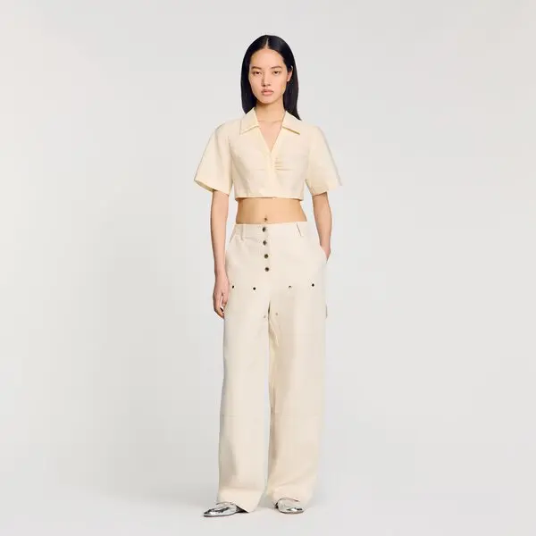 Sandro Cropped Shirt With Ruching - Ecru