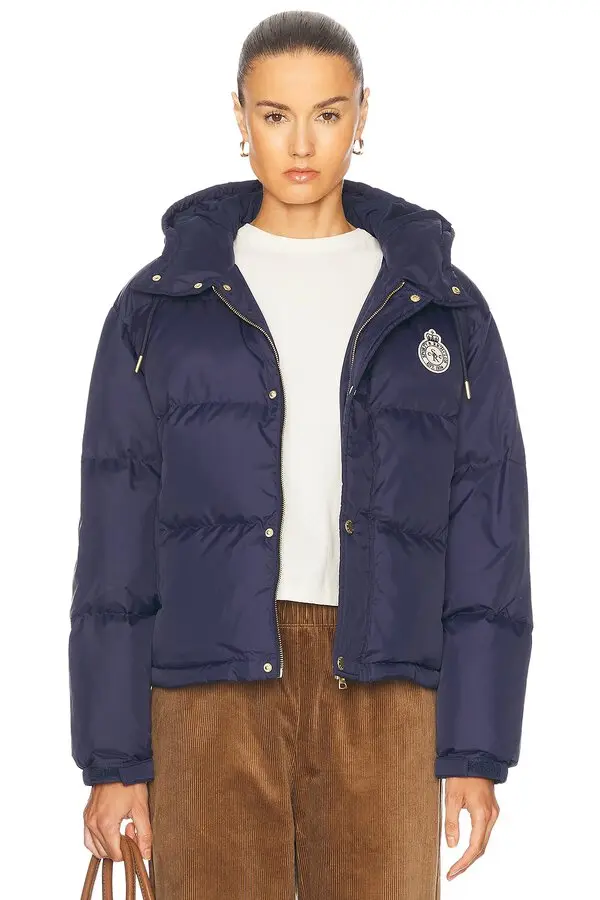 Sporty & Rich Crown Logo Hooded Down Jacket - Navy | Editorialist