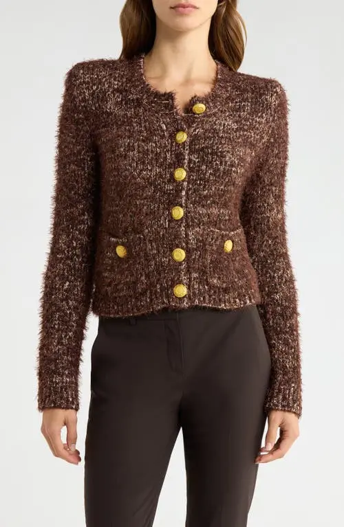 L'Agence Una Crop Eyelash Tweed Cardigan - Chocolate Multi