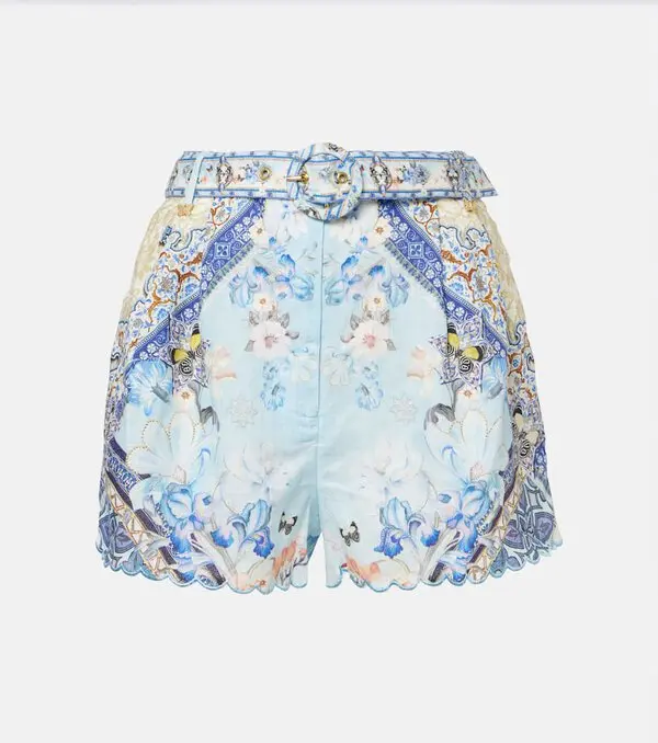 Camilla Belted Floral Linen Shorts - Blue