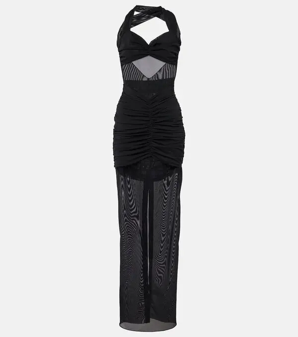 Alessandra Rich Ruched Sheer Mesh Maxi Dress