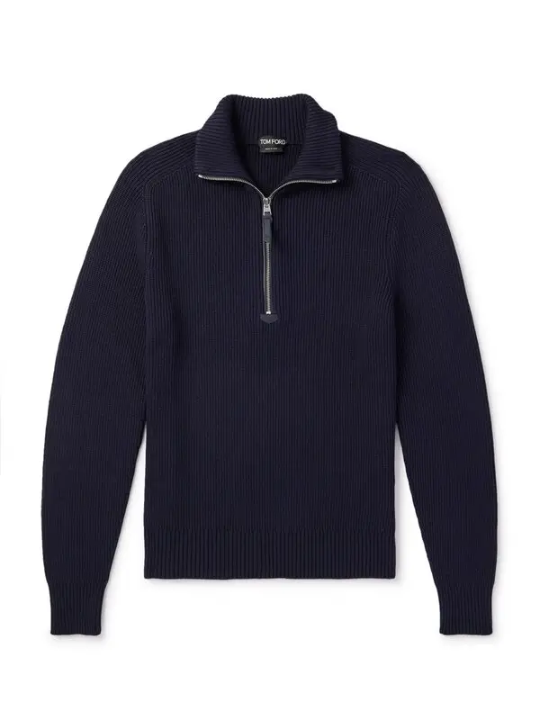 TOM FORD Slim-fit Ribbed Half-zip Sweater - Blue