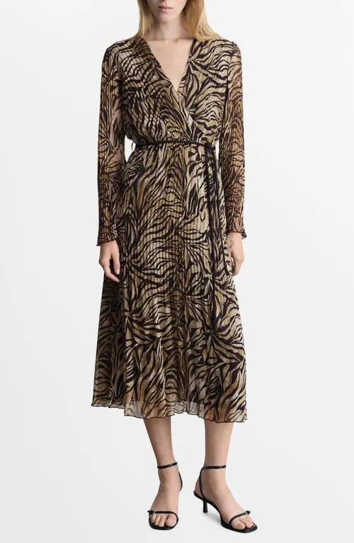 Mango Leopard Print Pleated Midi Dress