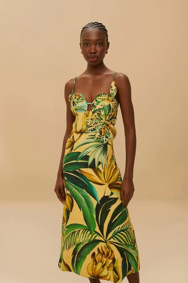 Farm Rio Bananart 3d Bodice Midi Dress