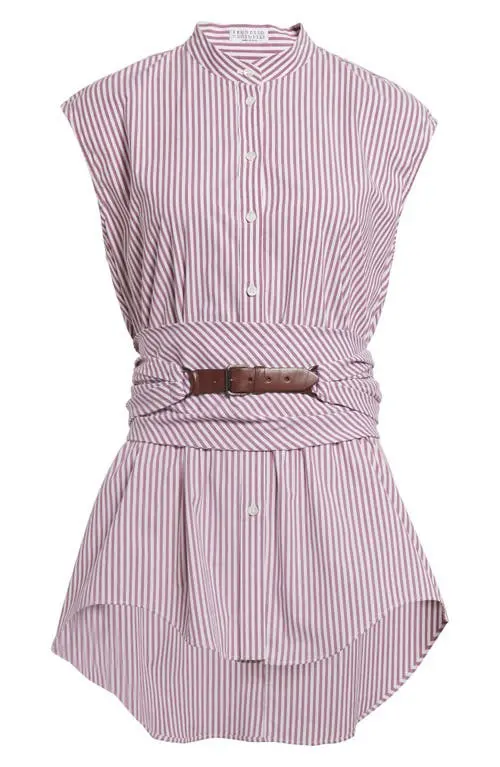 Brunello Cucinelli Stripe Belted Stretch Poplin Button-up Shirt