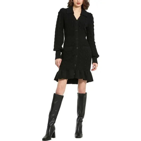 Mac Duggal Long Sleeve Bobble Knit Button-up Dress - Black